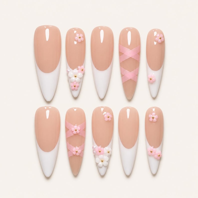 Glossy Pink Sakura Coquette Ballet Ombre Press on Nails | Long Stiletto ...