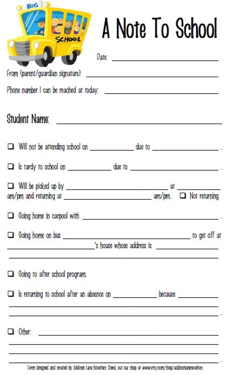 Custom Back to School Form - Custom Note to School Pad - Custom Excuse ...