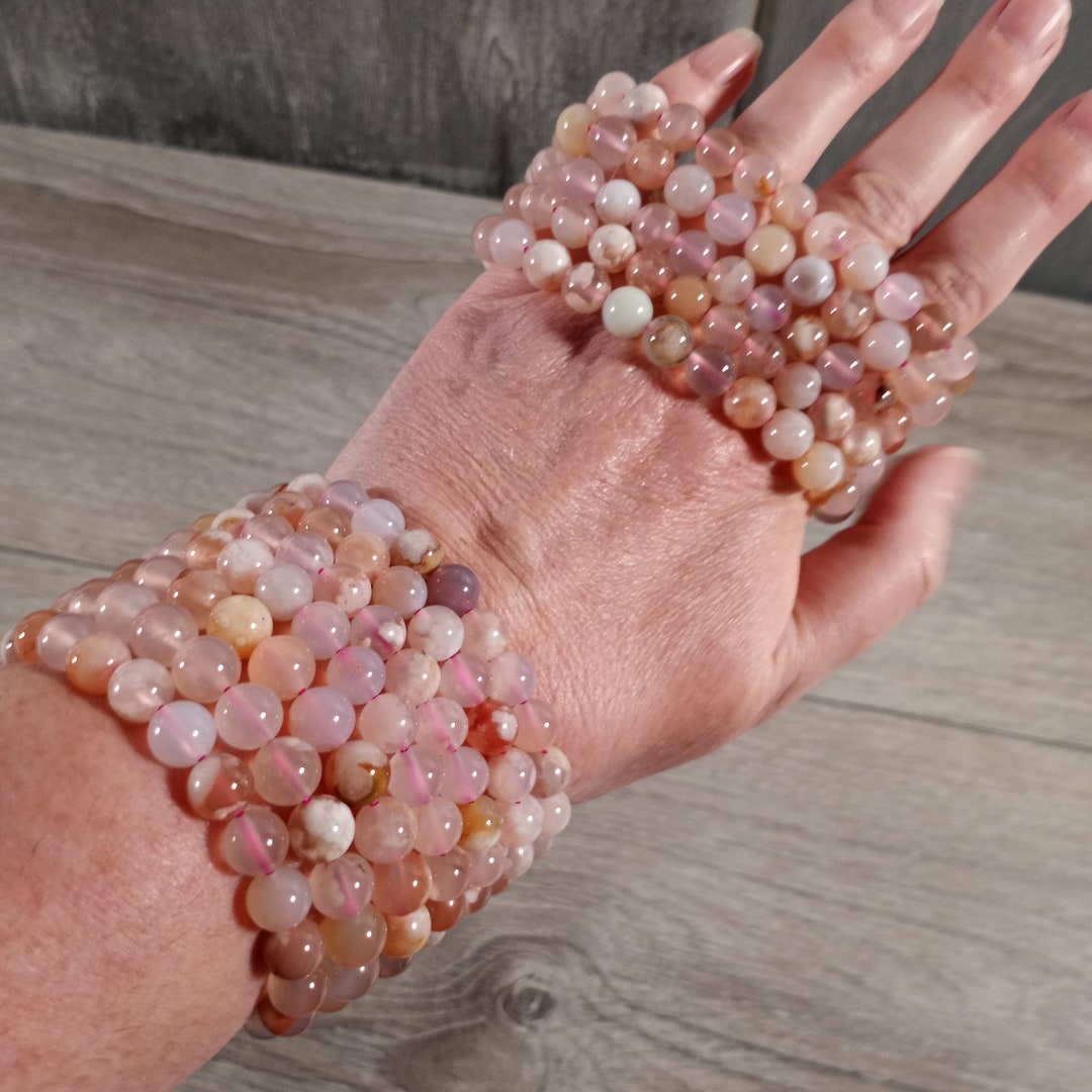Pink Flower Agate Bracelet 8 Mm Round Stretchy String Crystal Aka ...