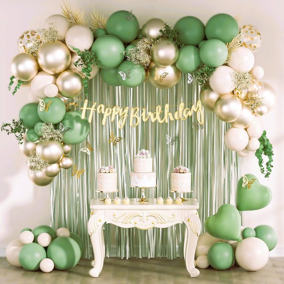 Sage Green Birthday Decor Set, Boho Botanical Balloons, Butterfly ...
