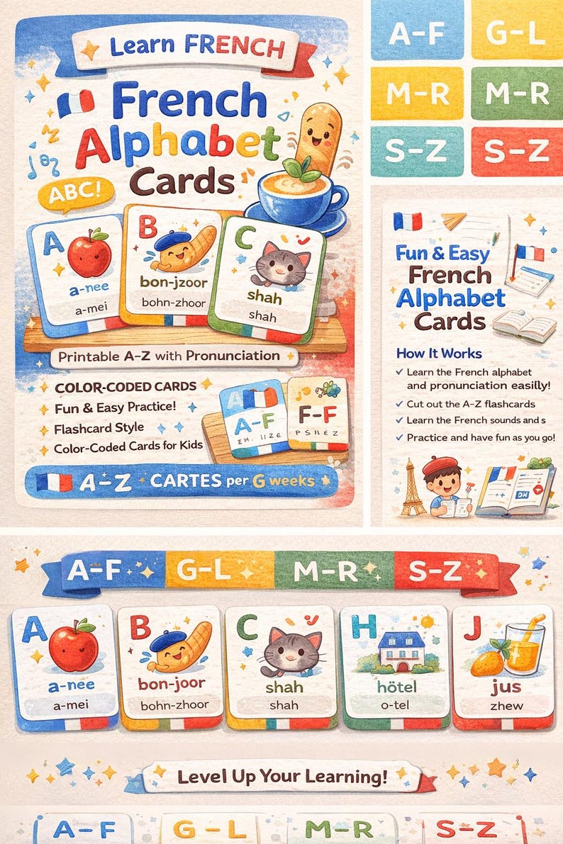 French Alphabet Flash Cards Printable for Kids With Pronunciation - Etsy