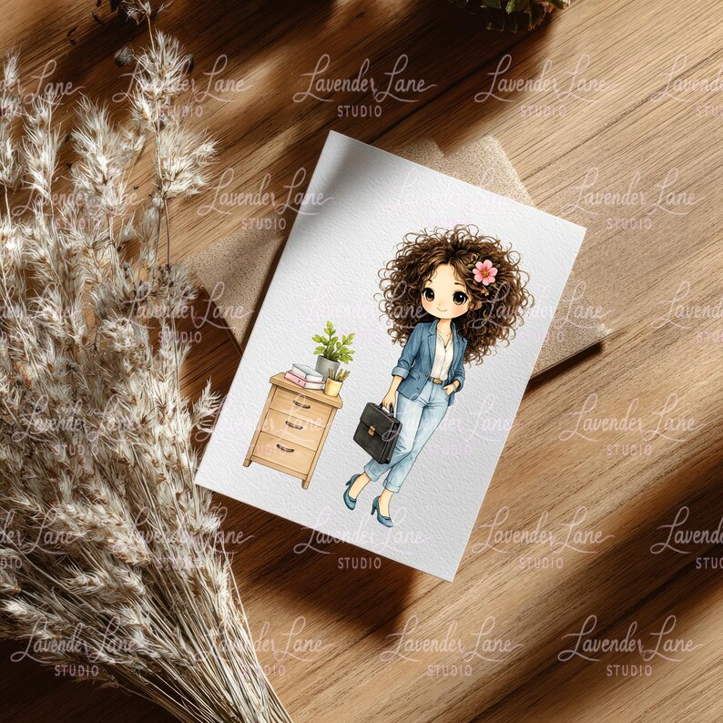 12 Curly Hair Chibi Office Girl PNG Clipart Bundle, Business Woman Pngs ...