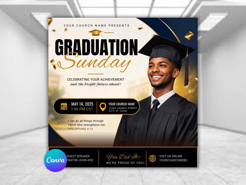 Graduation Sunday Church Flyer Template, Editable Canva Celebration ...