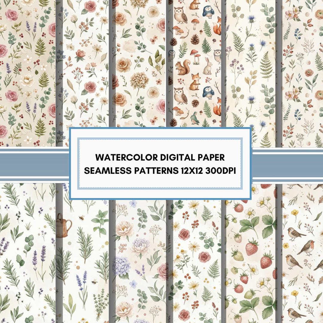 Watercolor Botanical Digital Paper Pack | 12 Seamless Patterns 12x12 ...