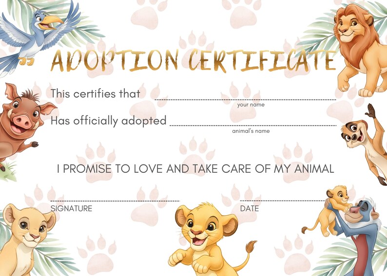 Editable Adoption Certificate | Editable Lion King | Digital Instant ...