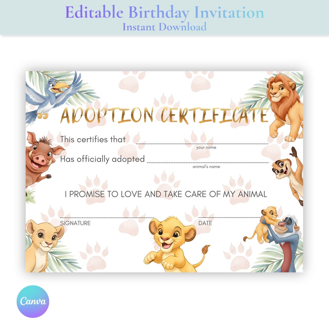 Editable Adoption Certificate | Editable Lion King | Digital Instant ...