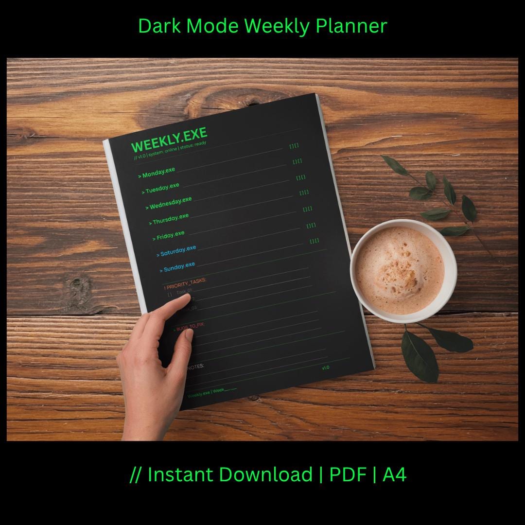 Dark Mode Weekly Planner Printable PDF | IT Programmer Planner | Coding ...