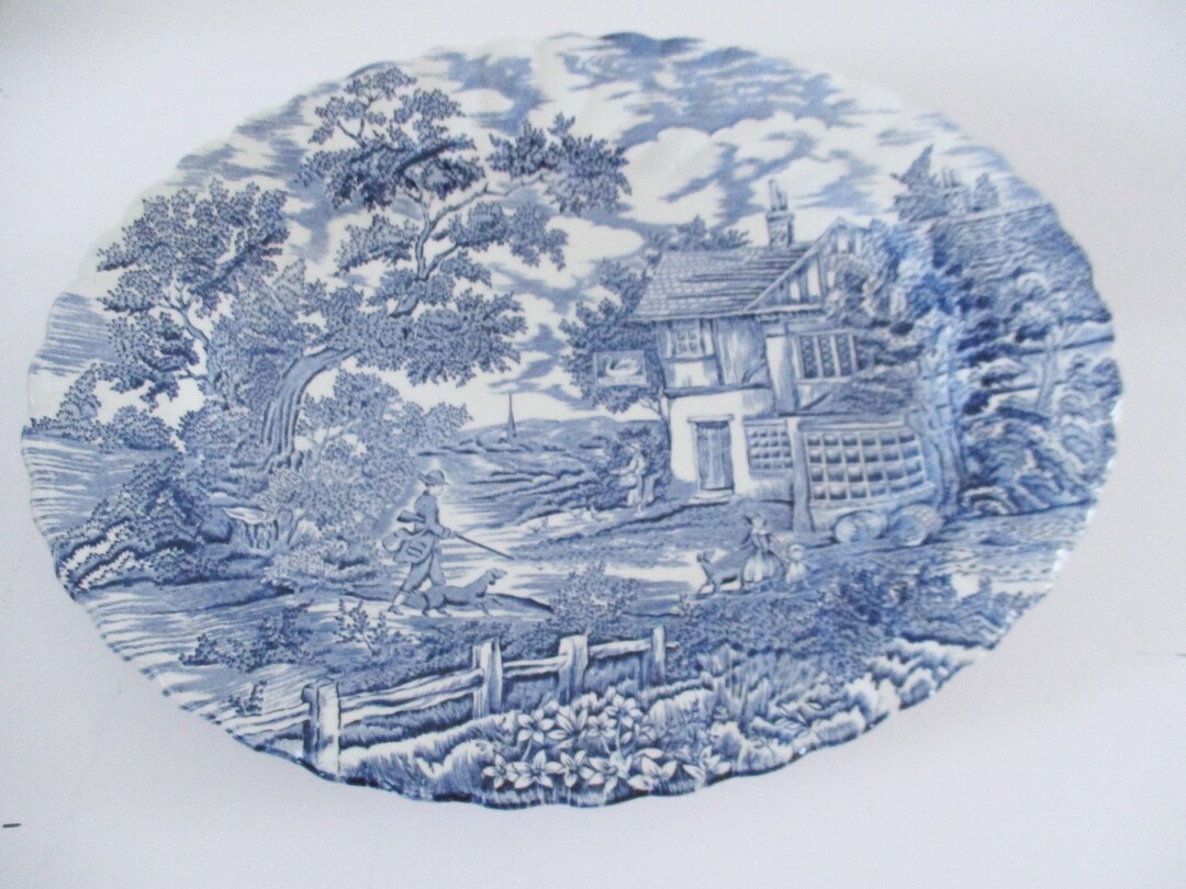 Vintage 14" Oval Platter by Myott Made in England, Blue and White ...