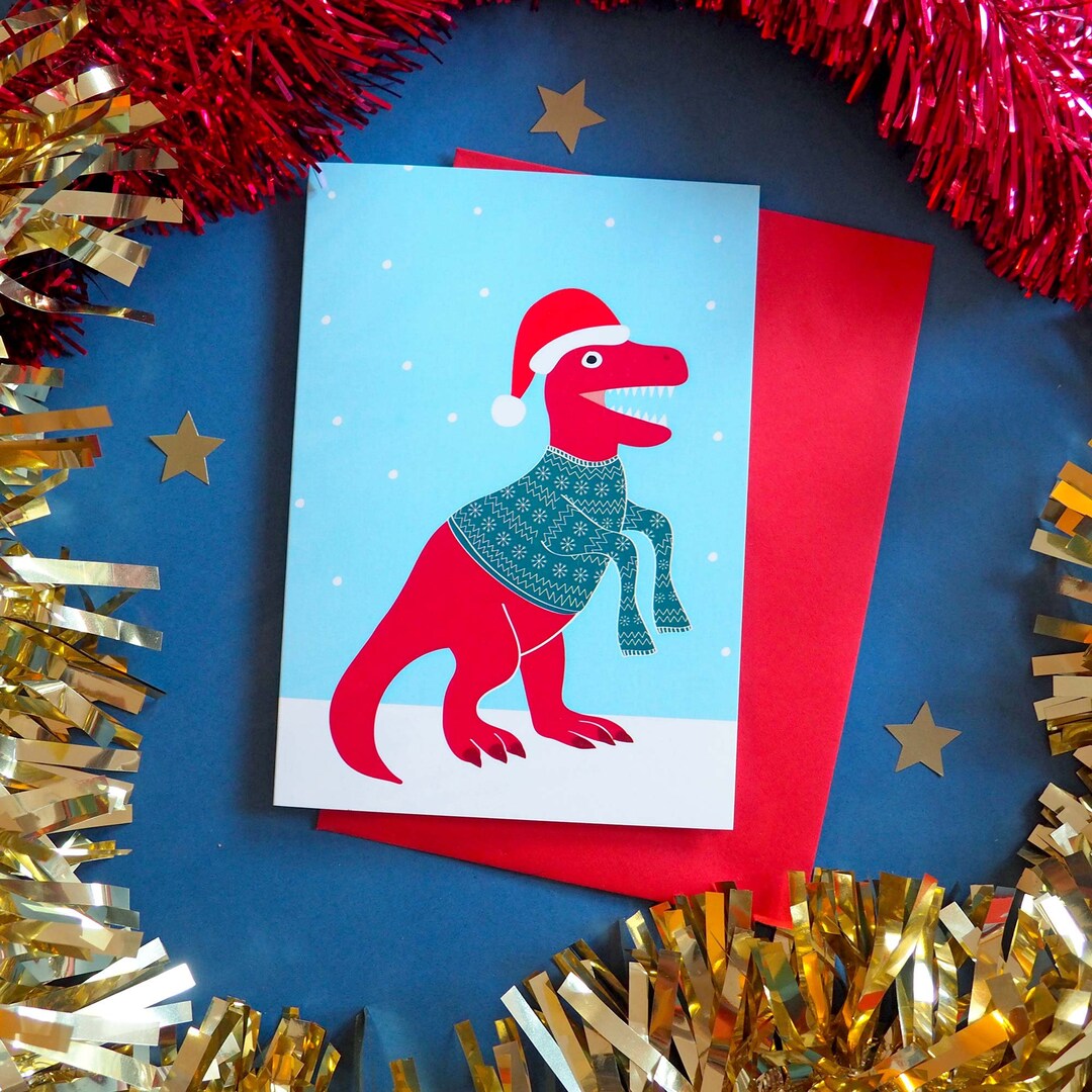Funny Dinosaur Christmas Card, T-rex Festive Sweater - Etsy
