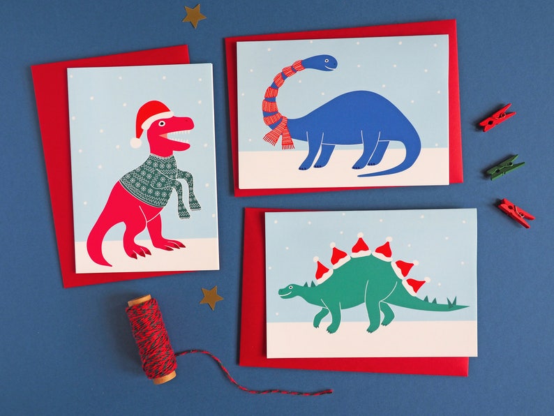 6 Dinosaur Christmas Cards, Dinosaur Christmas Card, Xmas Card, Funny ...