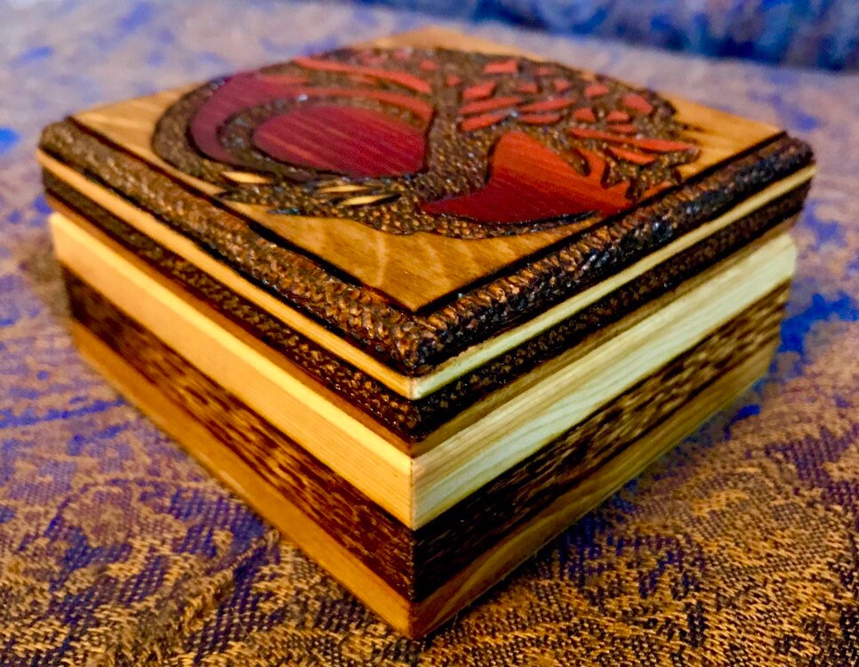 Tree & Moon Sunset Watercolor Hand Woodburned Box | Etsy