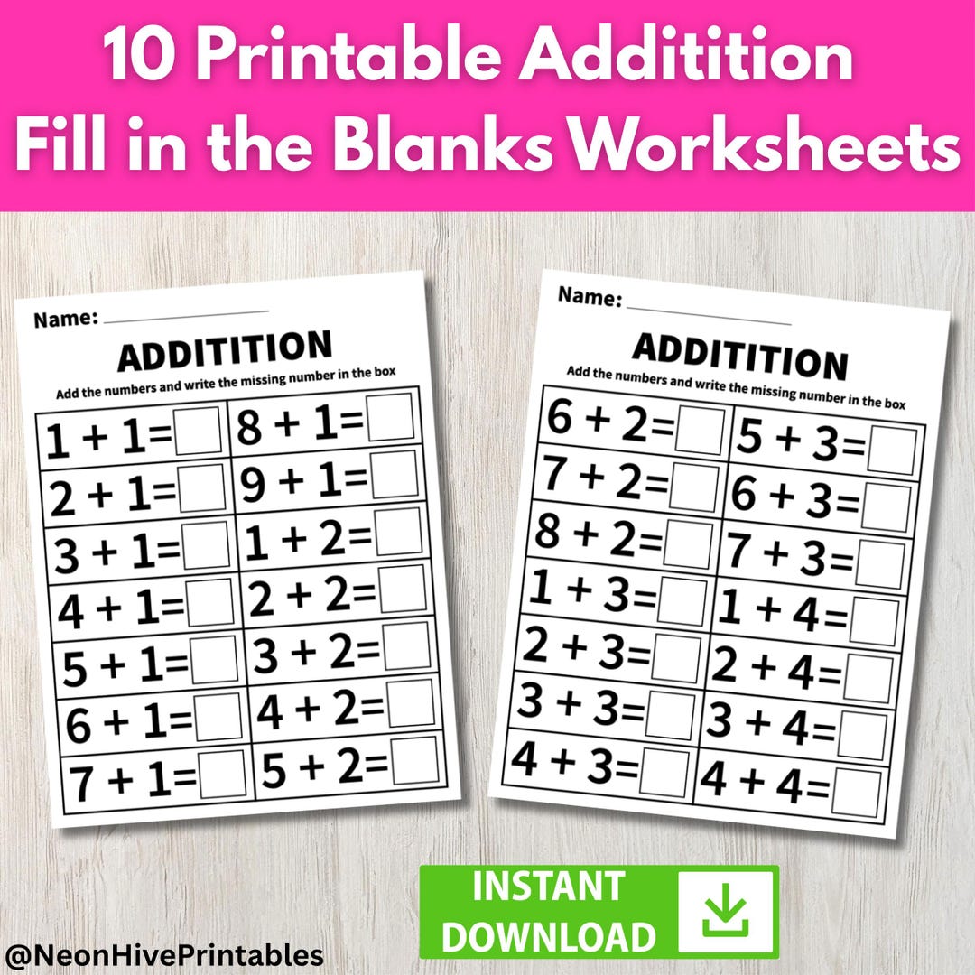 10 Printable Addition Fill in the Blank Worksheets | Kindergarten, 1st ...