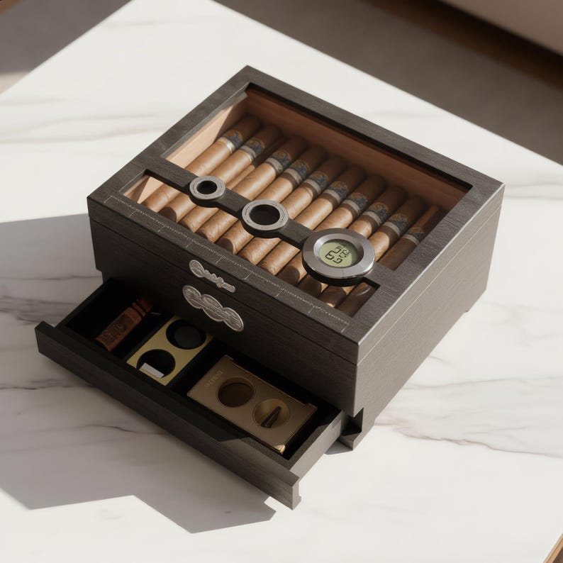 Cedar Wood Cigar Humidor Box With Glass Lid, Hygrometer & Humidifier ...