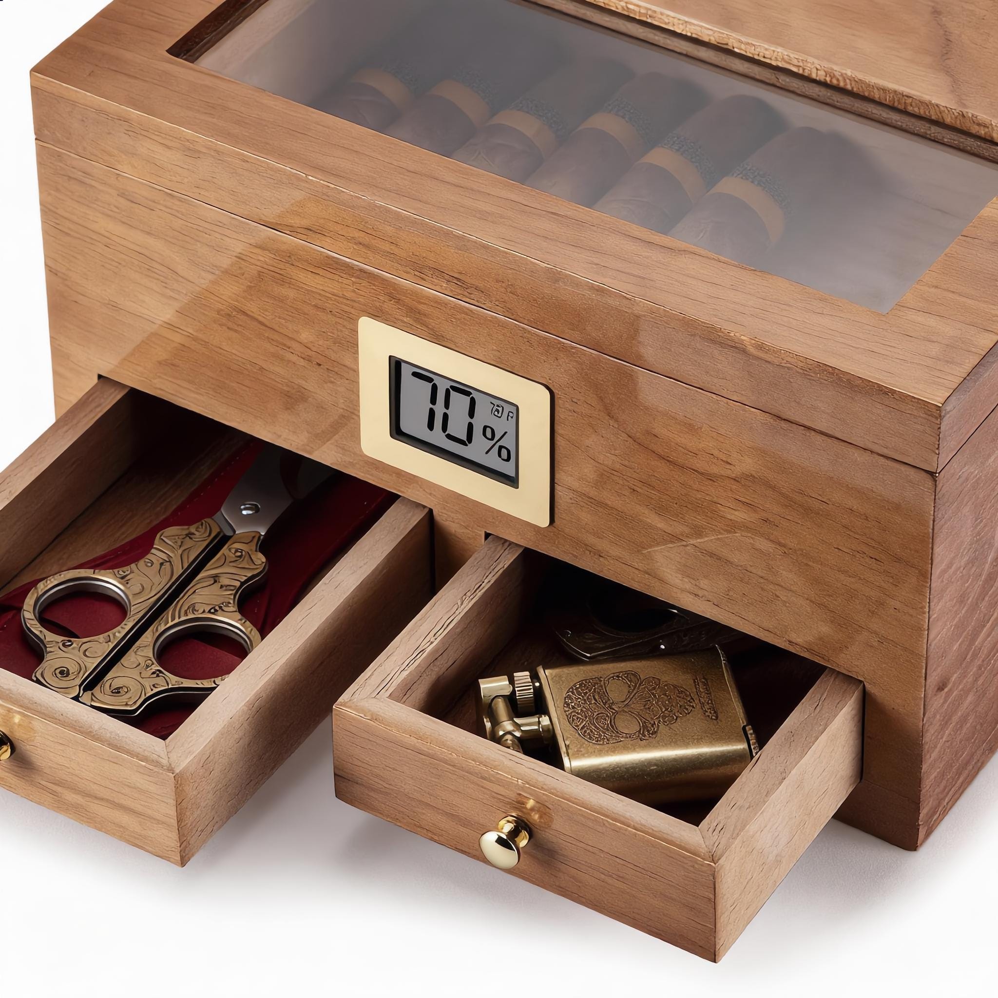 Cedar Wood Cigar Humidor Box With Drawers, Hygrometer & Humidifier ...