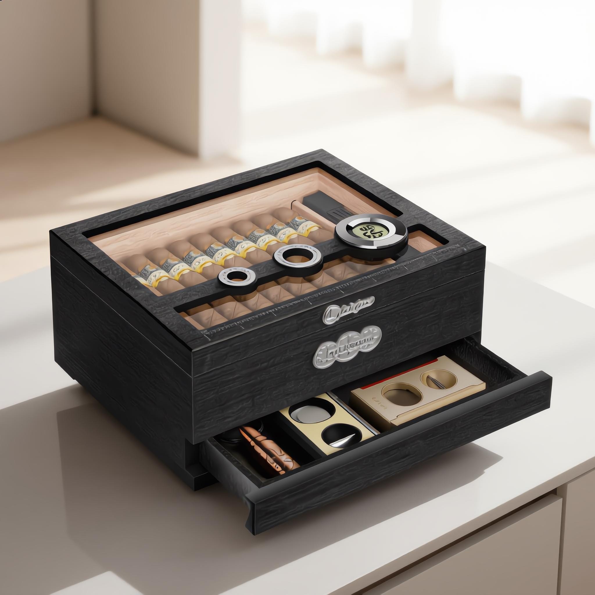 Cedar Wood Cigar Humidor Box With Glass Lid, Hygrometer & Humidifier ...
