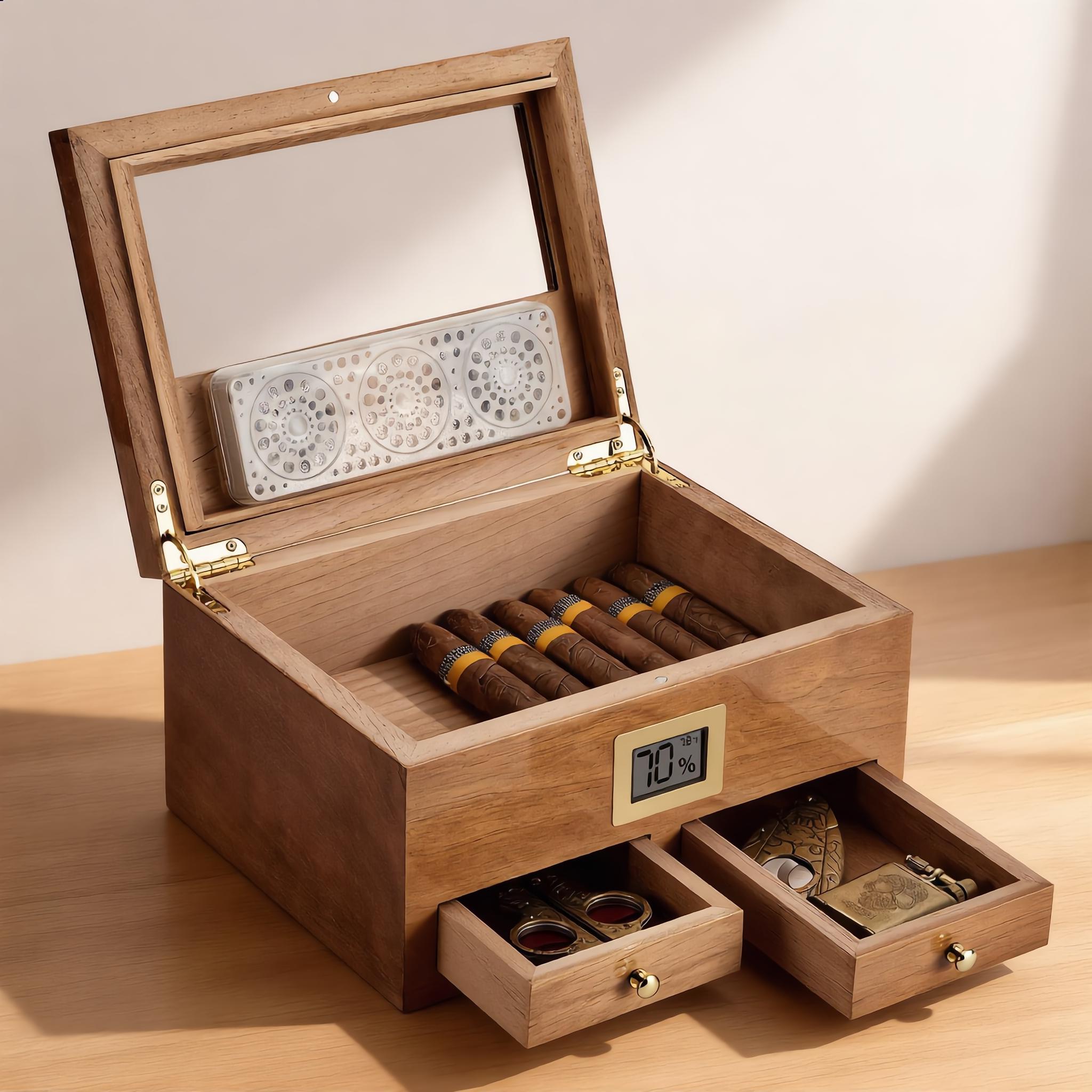 Cedar Wood Cigar Humidor Box With Drawers, Hygrometer & Humidifier ...