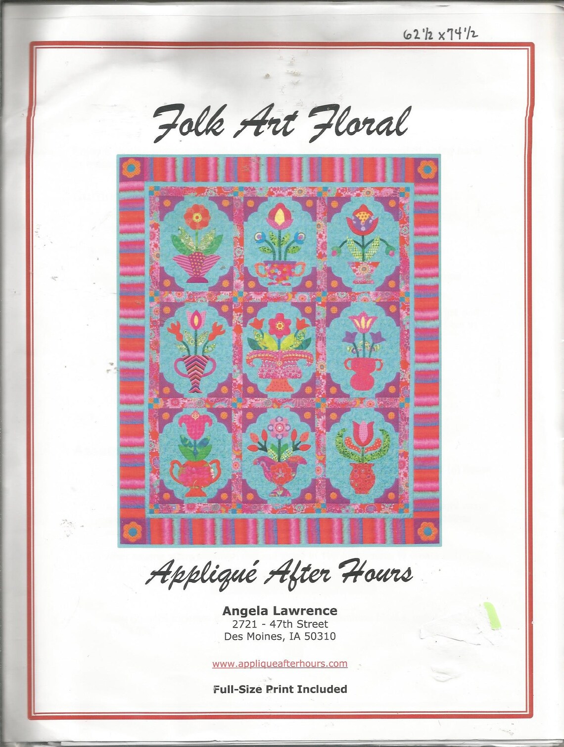 Angela Lawrence Quilt Pattern FOLK ART FLORAL Applique After Hours 62 ...