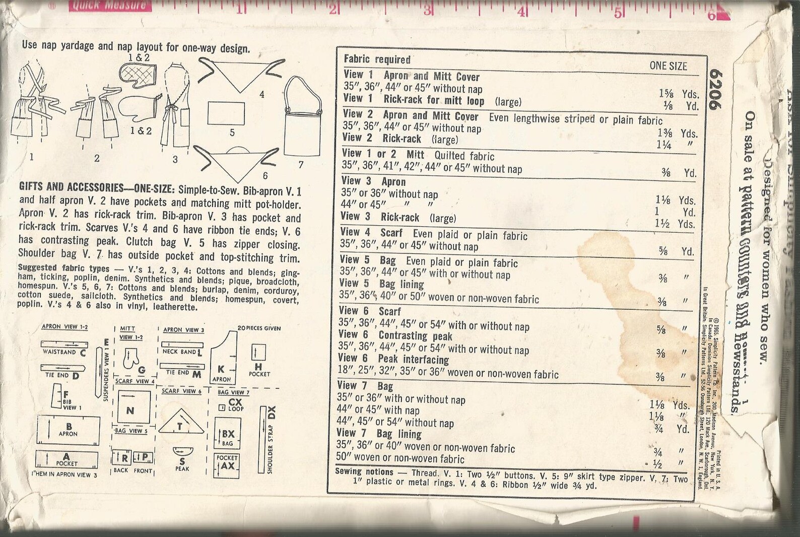 Simplicity 6206 Pattern 1960s Kitchen Aprons Oven Mitts Bag Gifts UNCUT ...