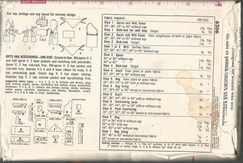 Simplicity 6206 Pattern 1960s Kitchen Aprons Oven Mitts Bag Gifts UNCUT ...