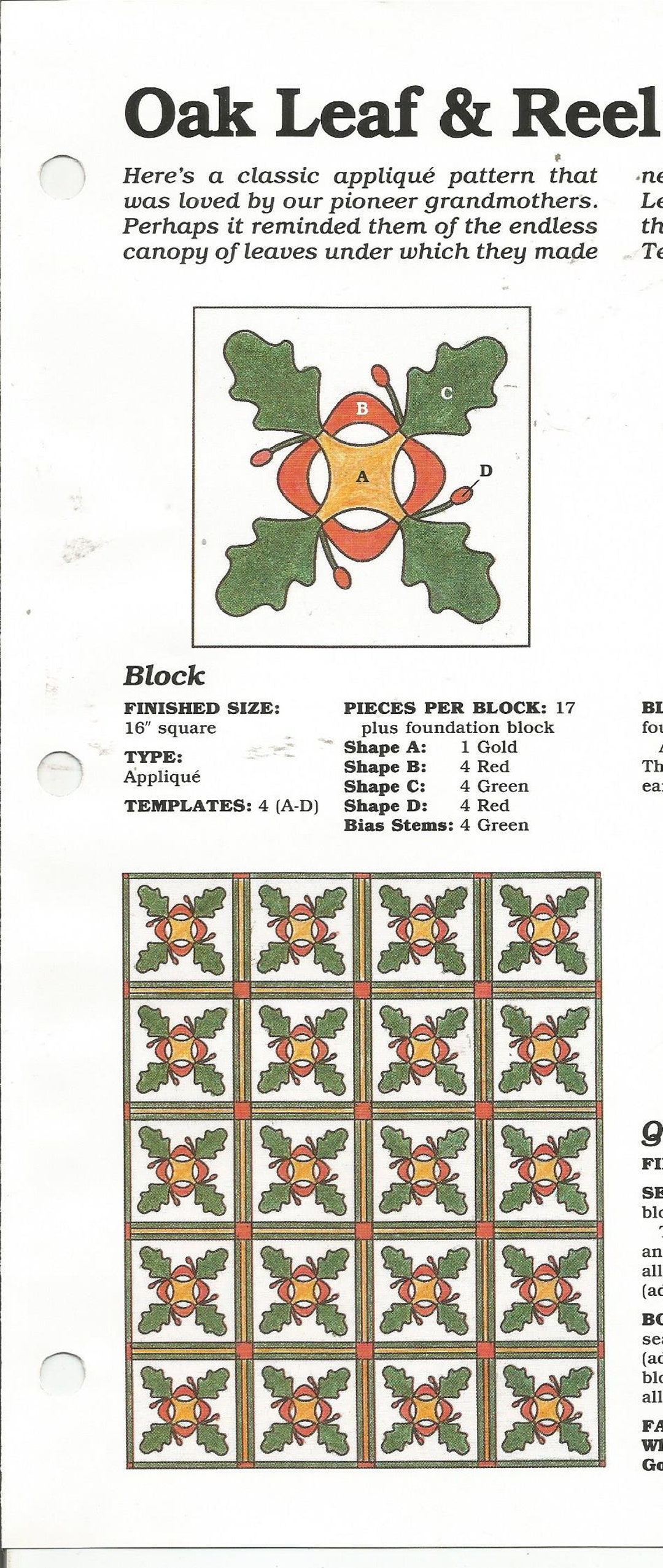 Quilt Pattern Oak Leaf & Reel 16 Blocks Includes Mylar Templates - Etsy