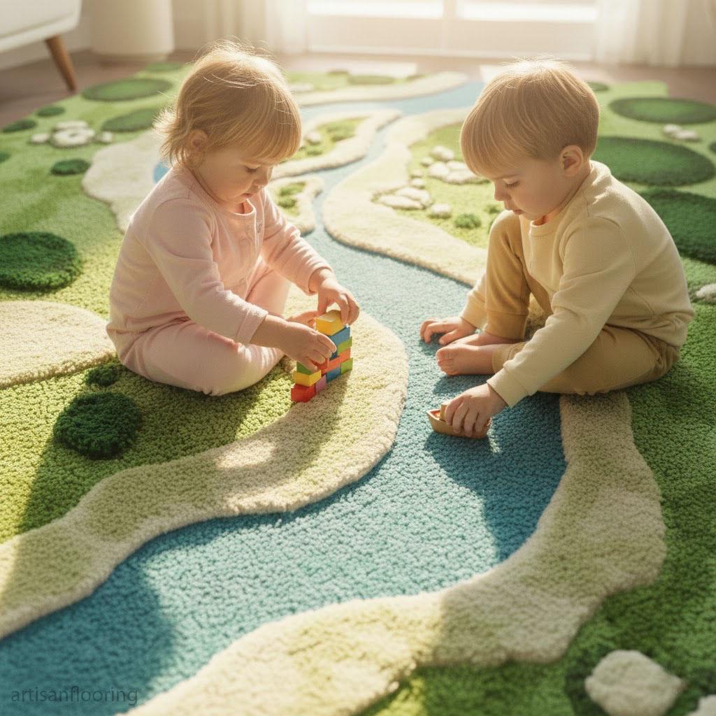 Modern Green Tufted Area Rug High Low Textured River Landscape Carpet ...