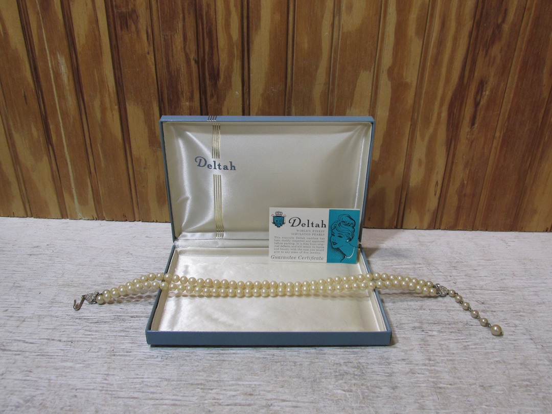 Vintage Deltah Simulated Pearls- Double Strand Pearl Necklace With Blue ...