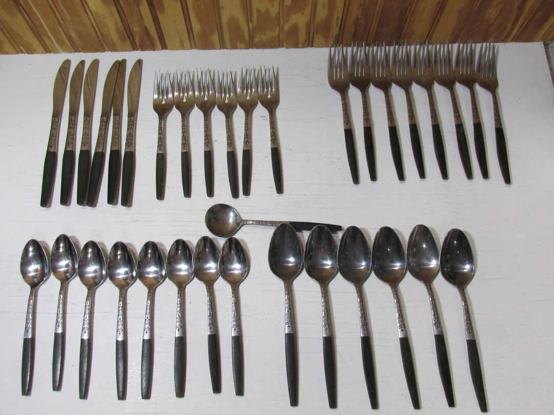 Vintage Interpur Stainless Steel Japan Silverware Set- Wooden Handle ...
