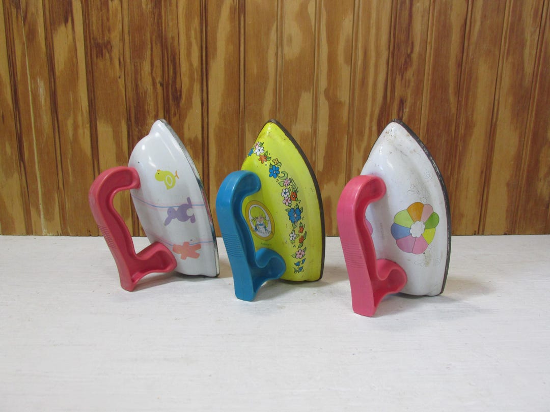 Vintage Set of 3 Metal Toy Irons- Bunnies, Flowers, Yellow, Pink ...