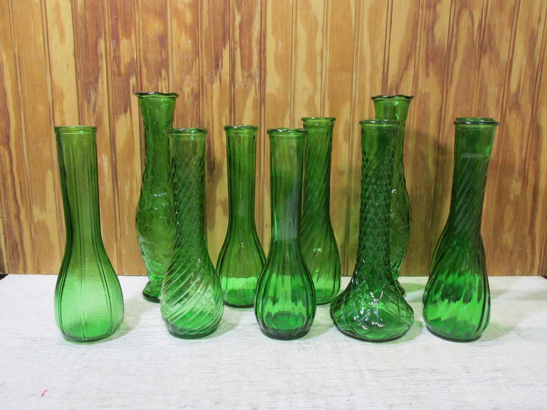 Set of 10 Vintage Emerald Green Centerpieces Glass Vases- Large ...