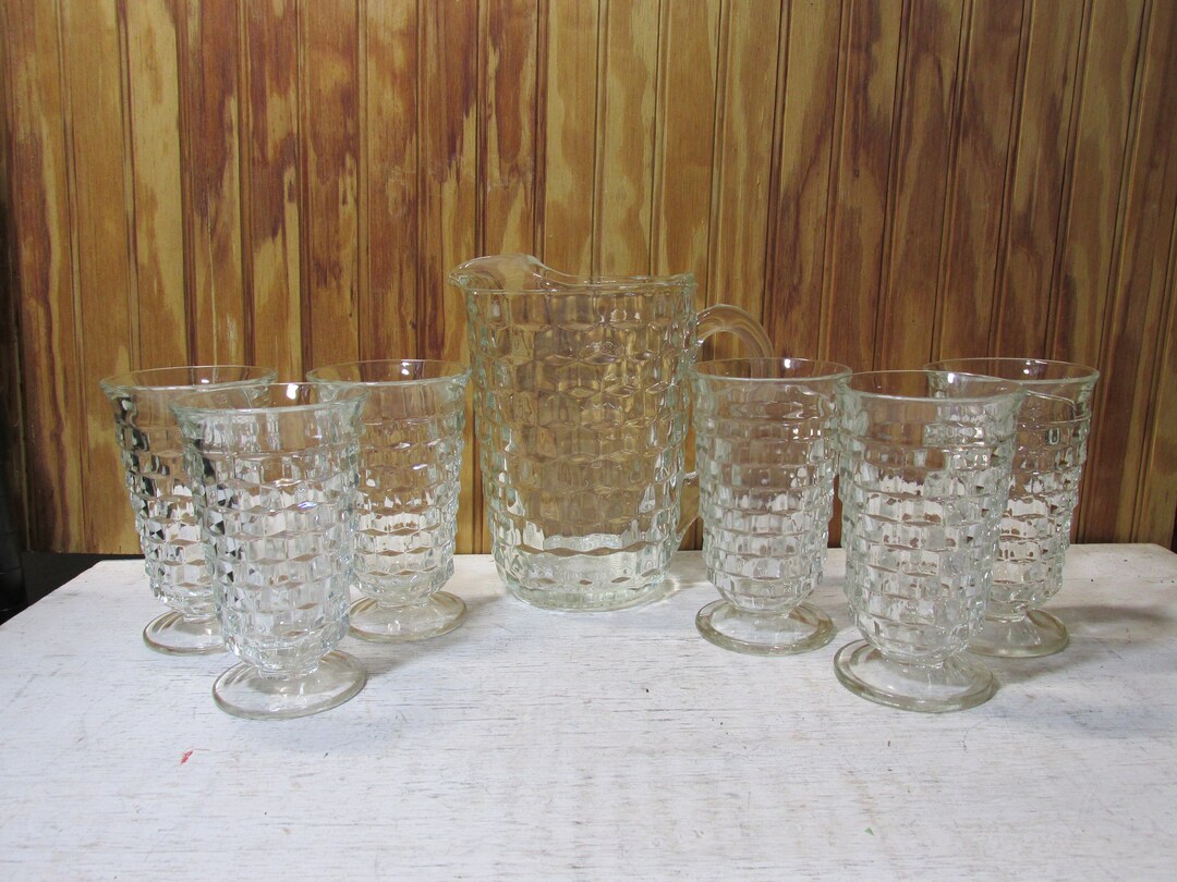 Set Of 6 Clear Footed Glass Tumblers And Pitcher Colony Whitehall