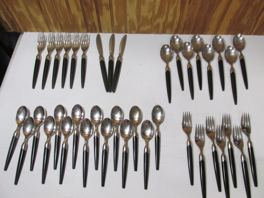 Mid Century Black Handle Silverware Set- IS Stainless - Etsy