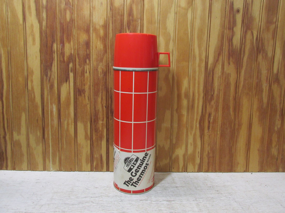 Vintage Red and White Rectangular Pattern Metal Beverage Thermos Brand ...