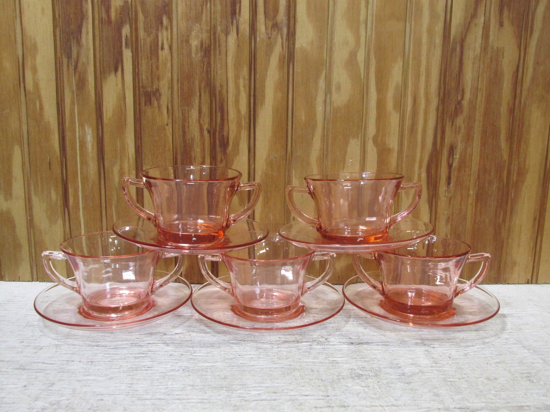 Vintage Set of 5 Cambridge Pink Glass Tea Cups With Saucers- Depression ...