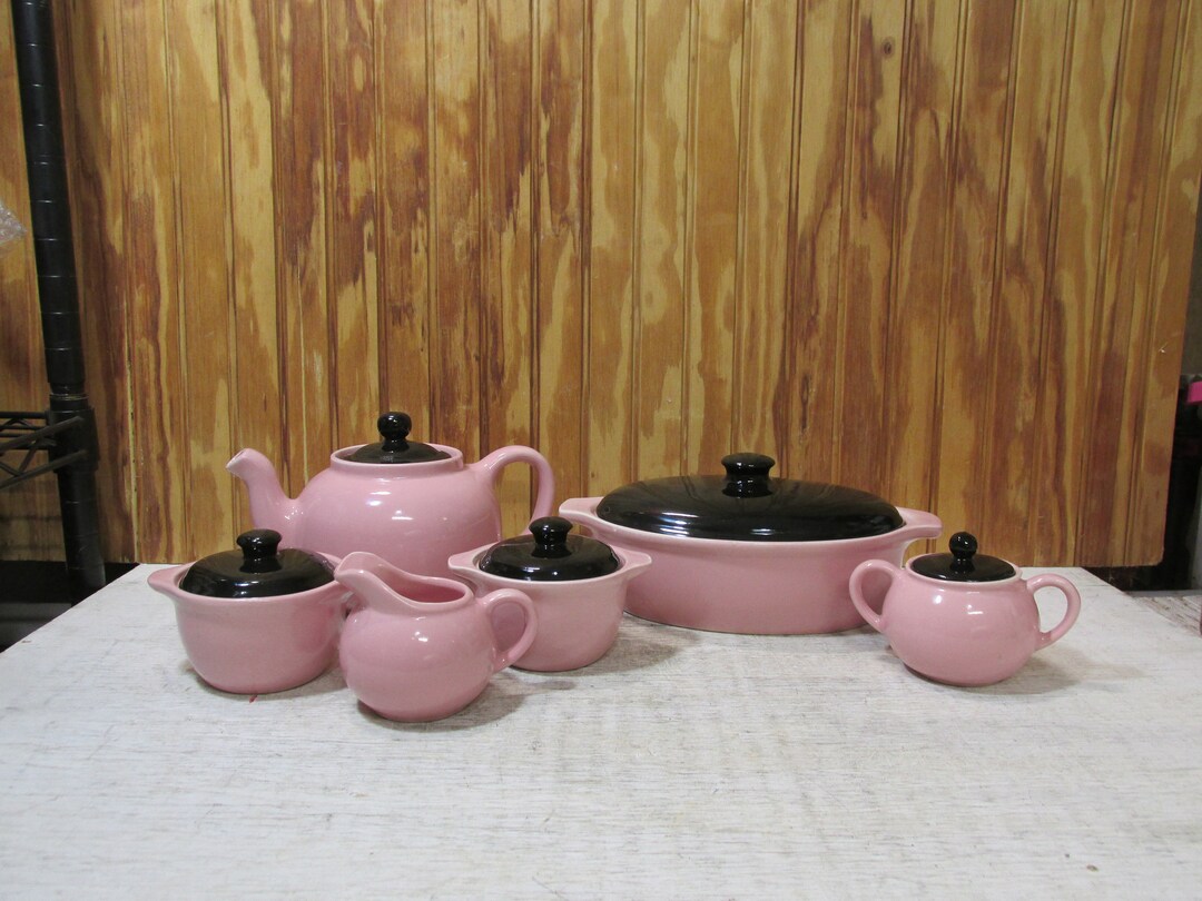Vintage 6 Piece Set of Cronin Pottery Pink and Black Covered Casserole ...