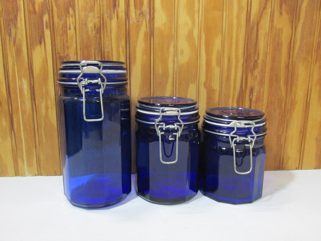 Vintage Set of 3 Cobalt Blue Glass Kitchen Storage Canisters With Wire ...
