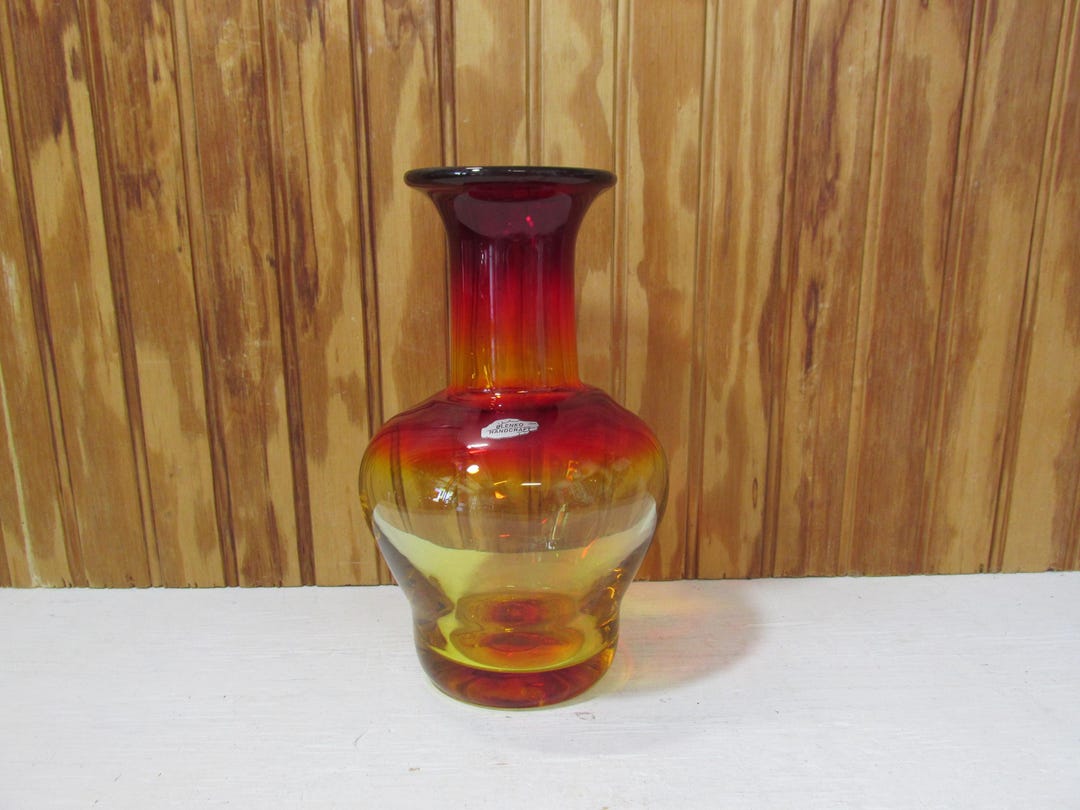 Vintage Blenko Mid Century Tangerine Red and Yellow Vase With Label ...