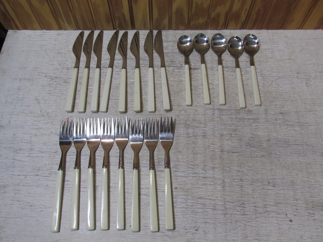 Vintage Beige/white Plastic Handle Silverware Set- Mid Century ...