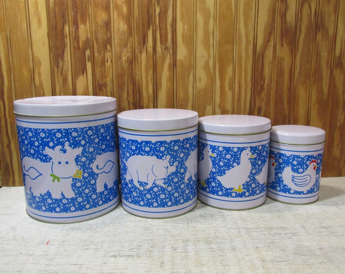 Vintage Set of 4 Blue and White Flower Farm Animal Metal Canisters ...