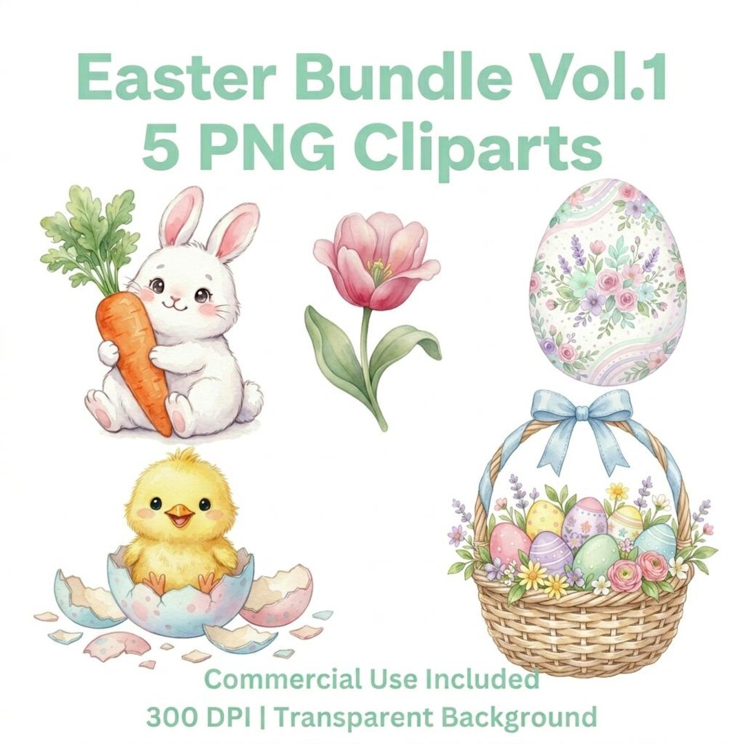 Easter Watercolor Clipart Bundle, Kawaii Bunny Chick Egg Basket ...
