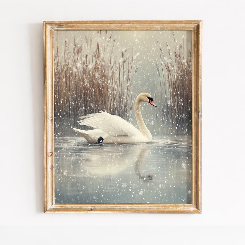 Serene Winter Swan in Snowy Pond - Moody Christmas Wall Art, Neutral ...
