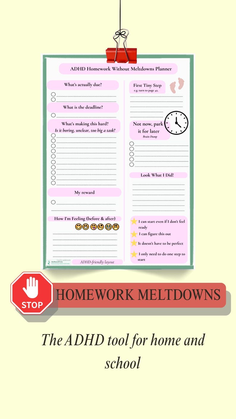 ADHD Homework Planner Printable | Kids Executive Function Worksheet (UK ...