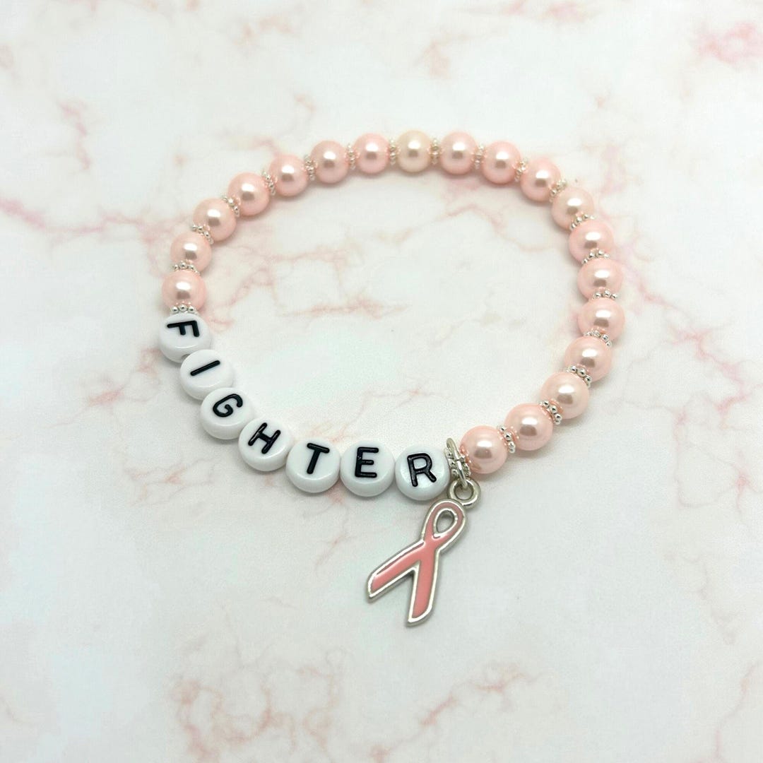 Pink Pearl Breast Cancer Awareness Bracelet, Ribbon Charm, Personalized ...