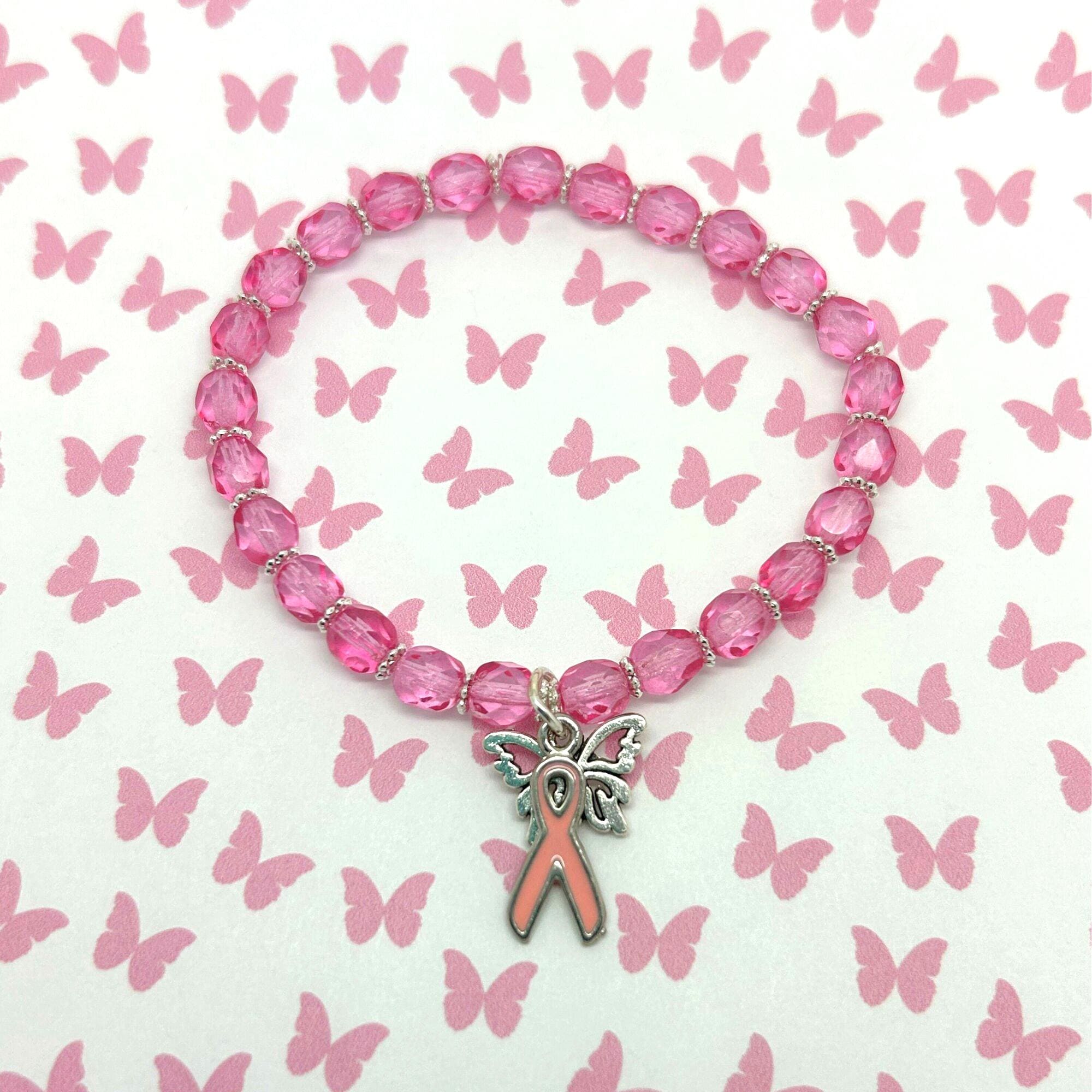 Pink Breast Cancer Awareness Bracelet With Ribbon Charm, Personalized ...