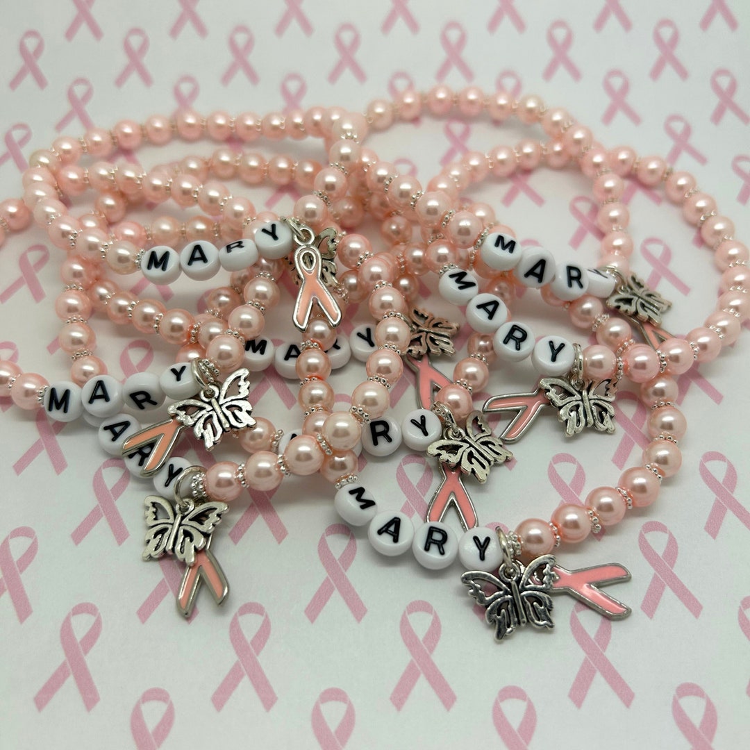 Pink Breast Cancer Awareness Bracelet With Ribbon Charm, Personalized ...
