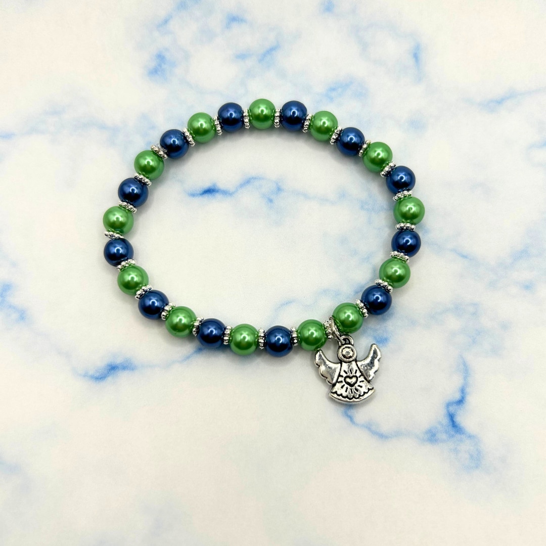 Organ Donation Awareness Bracelet, Green & Blue Pearl Beads, Angel ...