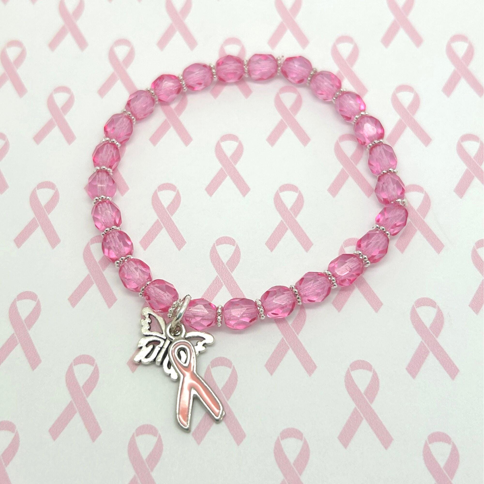 Pink Breast Cancer Awareness Bracelet With Ribbon Charm, Personalized ...