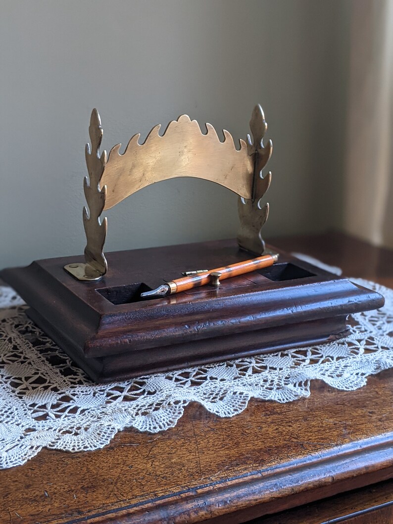 Antique Wood and Brass Pen and Inkwell Stand Antique Office - Etsy UK