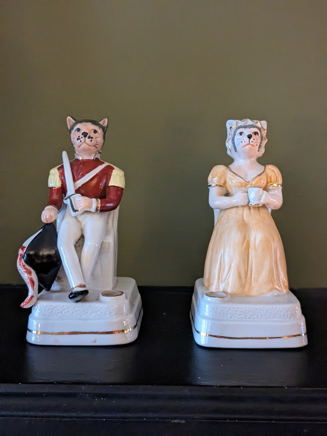 Pair of Seated Porcelain Inkwell Cats Soldier and Lady Cats ...