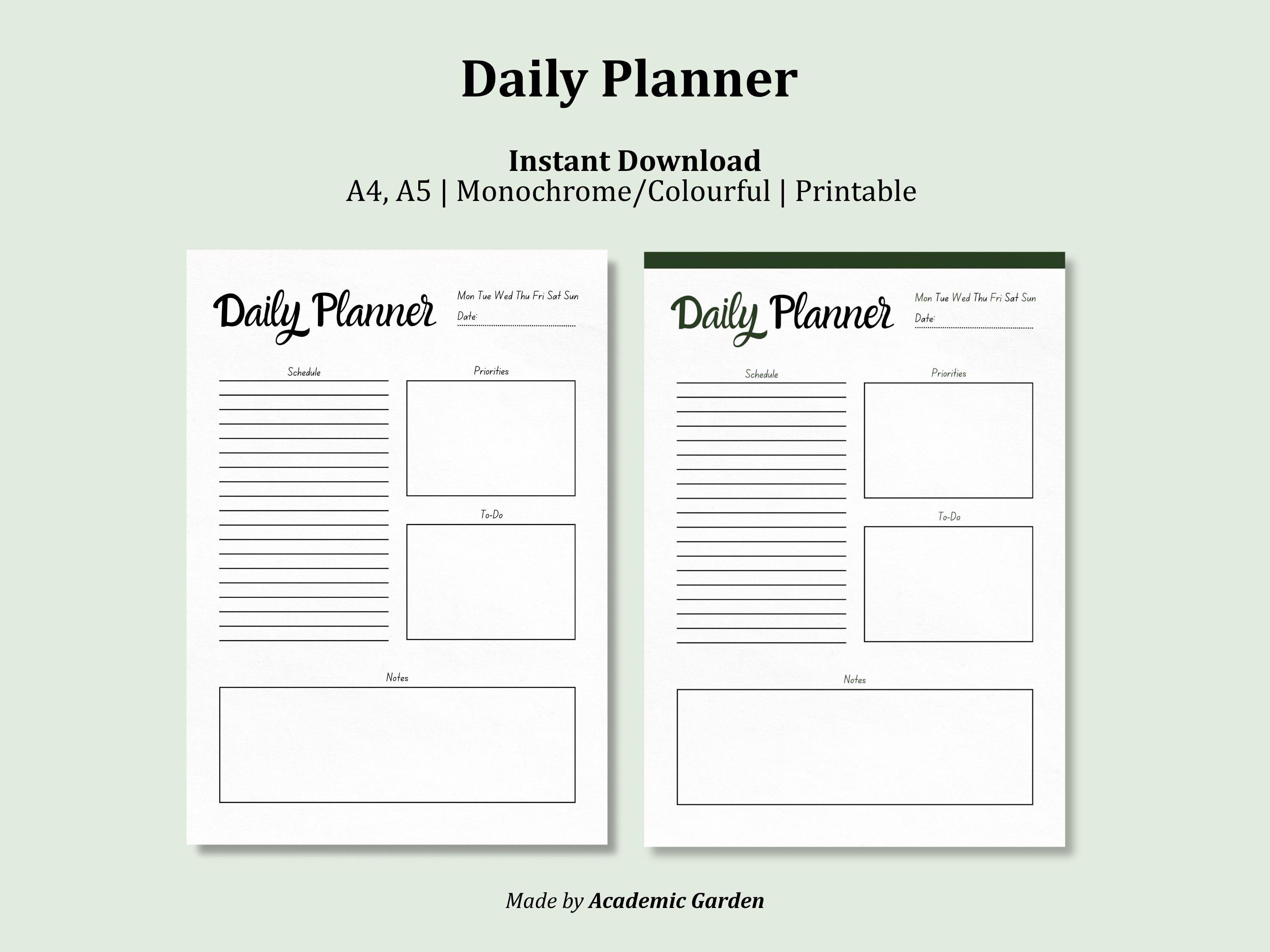 Daily Planner Printable, Minimalist Monochrome and Colourful Version ...