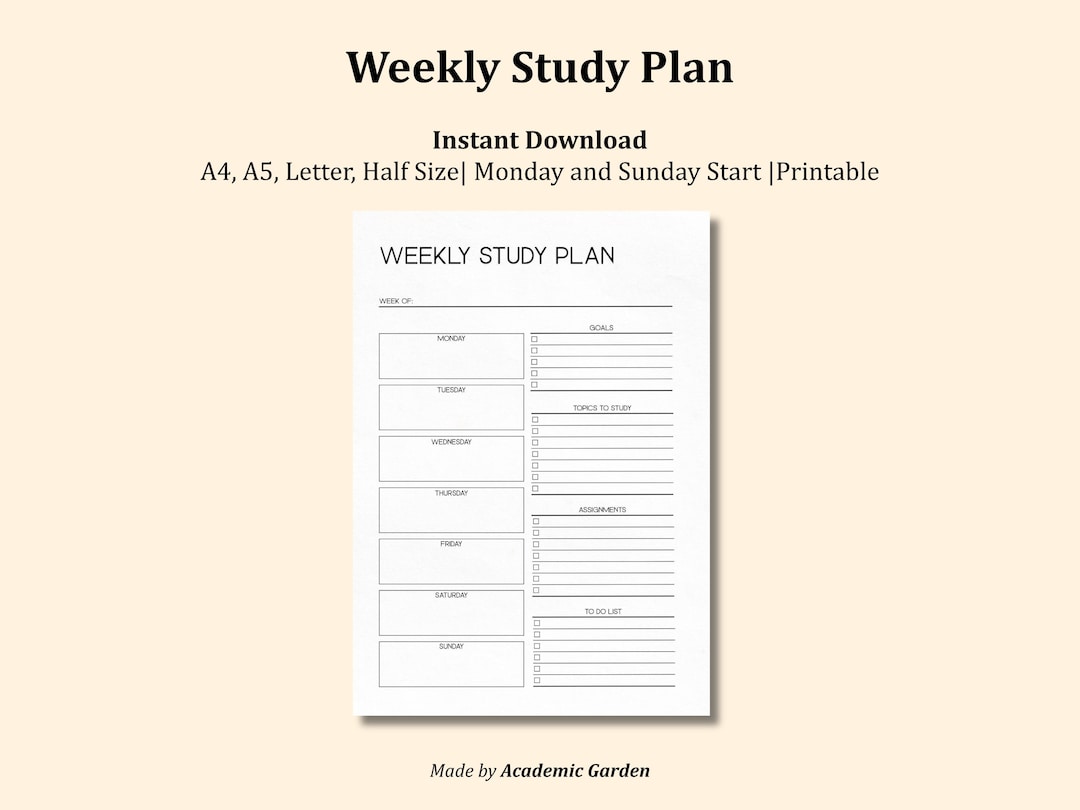 Weekly Student Planner Printable | A4, A5, Letter Size, Half Letter ...